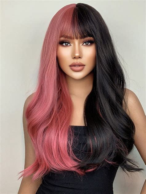 Two Tone Long Curly Synthetic Wig With Bangs Hair Styles Long Hair Styles Dyed Hair