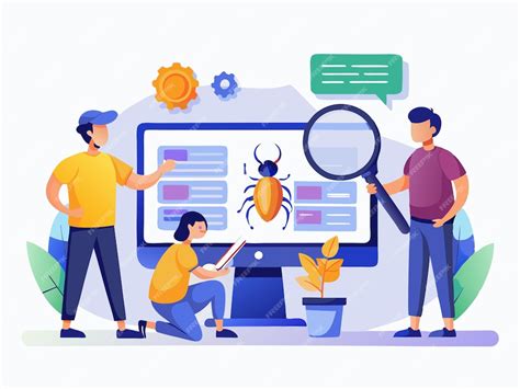 Team Of Developers Debugging Software Bug On Computer Screen Vector Art