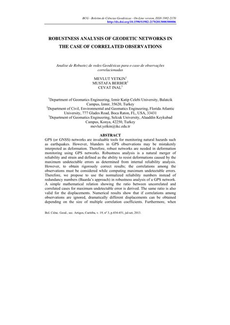 Pdf Robustness Analysis Of Geodetic Networks In The Case Of Correlated Observations