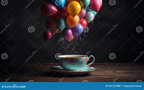 Rustic Table With Multi Colored Balloons Coffee Cup And Saucer