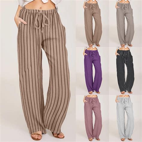 Ddapj Pyju Women Y2k Striped Wide Leg Pants Casual Linen Drawstring