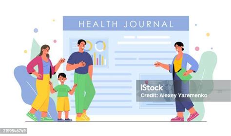 건강 저널 개념입니다 의사가 가족과 상의한다 환자 건강에 대한 인포그래픽 및 통계 진단과 치료 의학 만화 벡터 일러스트 레이 션 가리키기에 대한 스톡 벡터 아트 및 기타