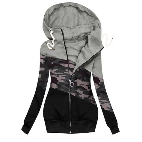 Virmaxy Womens Full Zip Up Sherpa Hoodie Color Block Camouflage Long
