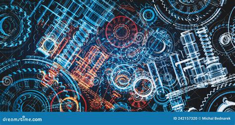 Blueprint Project Of Engine Design With Gears Stock Illustration Illustration Of Technical