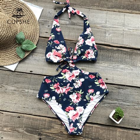 Cupshe Halter Flora Print One Piece Swimsuit Women Deep V Neck Tied Back Shirring Monokinis 2019