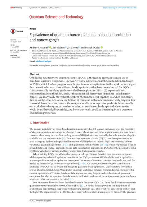 Equivalence Of Quantum Barren Plateaus To Cost Concentration And Narrow Gorges Request PDF