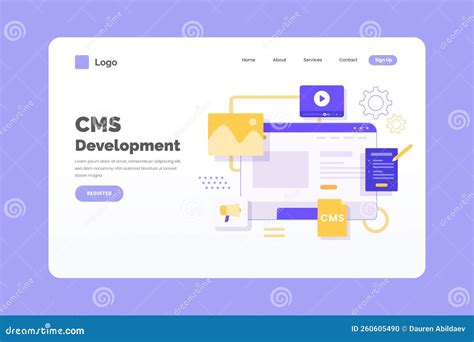 Content Management System Landing Page Vector Illustration Stock
