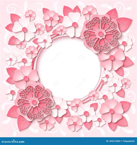 Vector Pink Round Frame With 3d Paper Cut Out Flowers Stock Vector