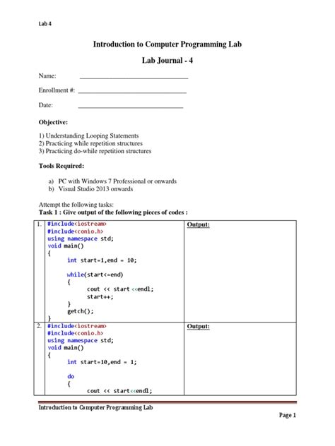 introduction to computer programming lab lab journal 4 objective