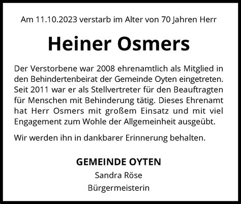 Traueranzeigen Von Heiner Osmers Trauerkreiszeitungde