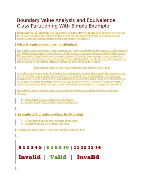 Boundary Value Analysis And Equivalence Class Partitioning With Simple Example Pdf Computer