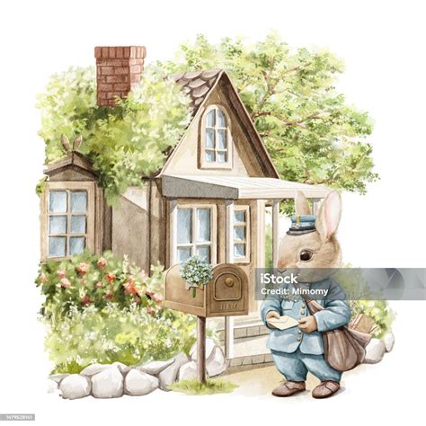수채화 집과 만화 토끼 우편 배달부 우편 가방 소포 및 편지 0명에 대한 스톡 벡터 아트 및 기타 이미지 0명 가방 건물 정면 Istock