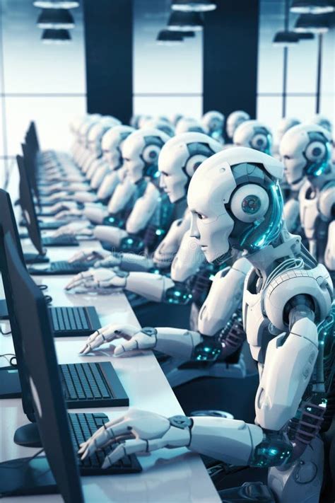 a group of robots are seen sitting in front of computers this image