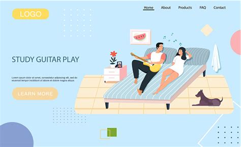 스터디 기타 연주가있는 웹 사이트 악기를 연주하는 커플 남자는 여자 친구를 위해 노래합니다 개념에 대한 스톡 벡터 아트 및 기타