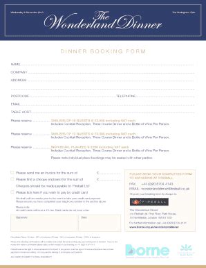 Fillable Online DINNER BookING FoRm Bfireballcoukb Fax Email Print