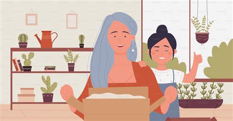 사람들은 개봉한 우편 소포 행복한 가족 팩 소포 상자 벡터 삽화를 풉니다 만화 어머니와 딸 캐릭터는 거실 인테리어에서 포장을 풀고 깜짝 골판지 상자를 열었다 사진