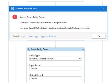 create entity record activity failed during execution data service