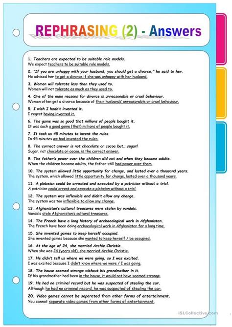 Rephrasing 3 Answers English Teaching Resources