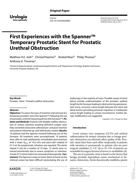Pdf First Experiences With The Spanner Tm Temporary Prostatic Stent For Prostatic Urethral