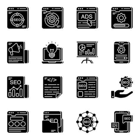 Pack de iconos sólidos de seo y tecnología Vector Premium