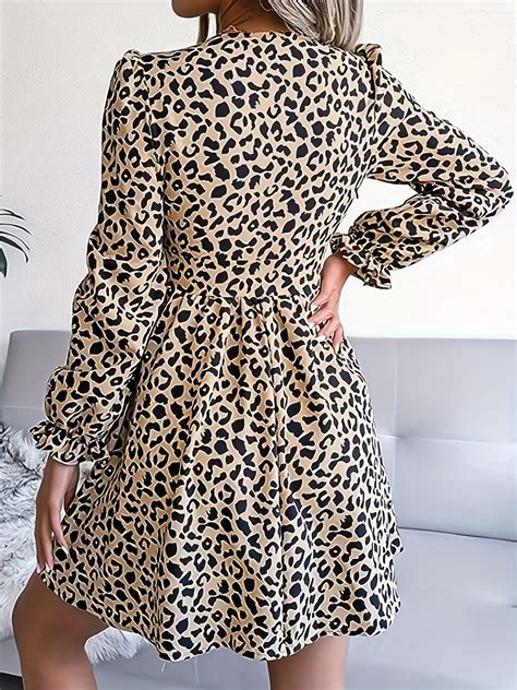 Leopard Print V Neck Dress Elegant Long Sleeve Dress For Spring Women