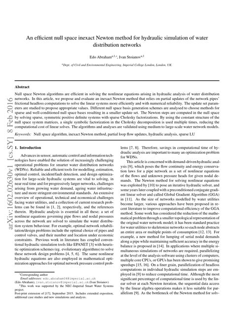 Pdf An Efficient Null Space Inexact Newton Method For Hydraulic Simulation Of Water
