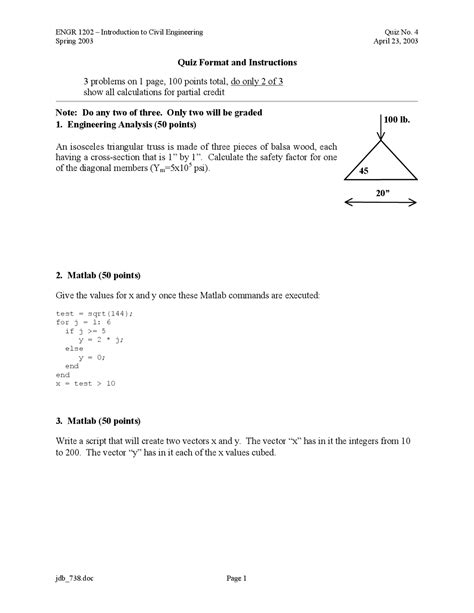 Quiz 4 Introduction To Civil Engineering Spring 2003 Engr 1202 Docsity