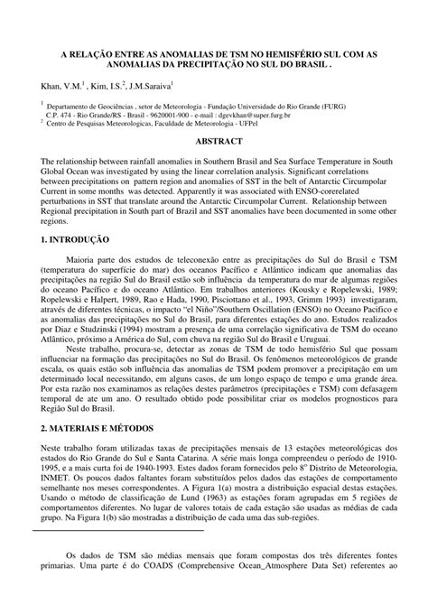 Pdf A RelaÇÃo Entre As Anomalias De Tsm No HemisfÉrio Sul Com As