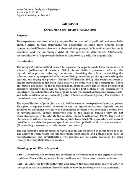 Lab Report Recrystallization Pdf Solubility Crystallization
