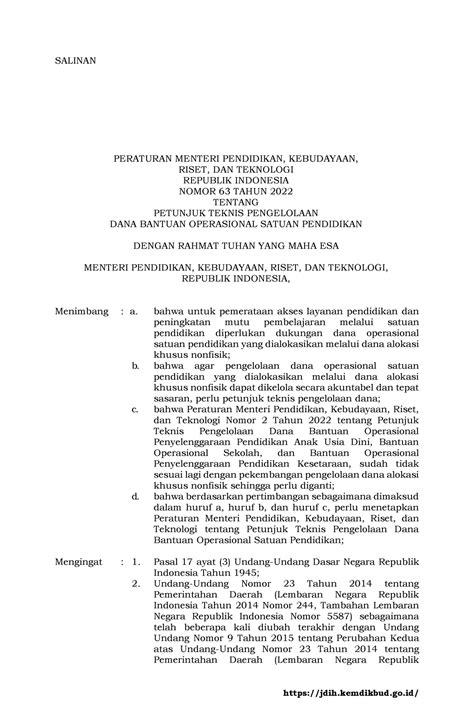 Juknis Bosp Tahun 2023 Permendikbud 63 Tahun 2022 Salinan Rancangan