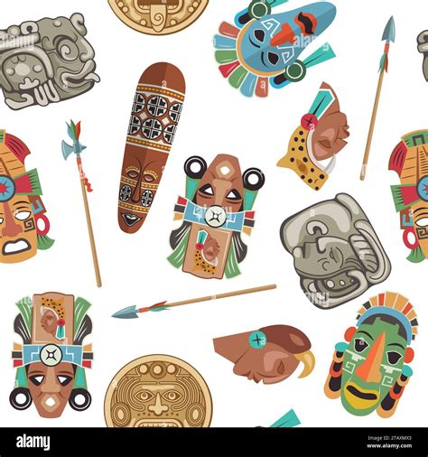 Mayan Pattern Tribal Authentic Masked Faces Vector Cartoon Seamless