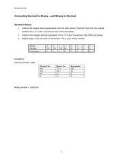 Binary To Decimal Instructions Docx 128 64 32 16 8 4 2 1 To Convert Binary To Decimal Add Up