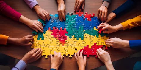 Individuals Piecing Together A Giant Puzzle Representing Teamwork And