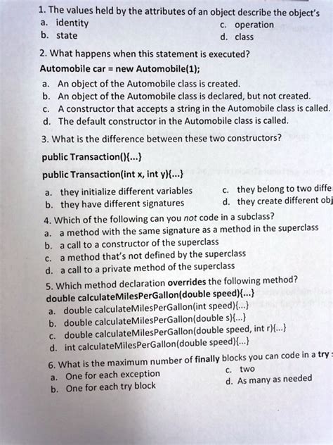 solved 1 the values held by the attributes of an object describe the object s a identity c