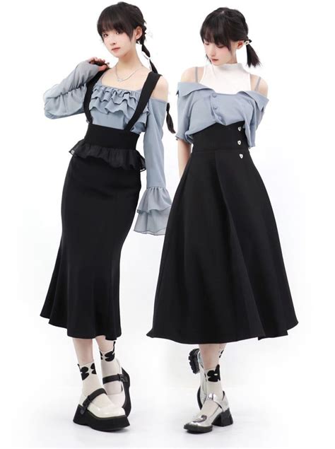 Moon Under Chiffon Midriff Skirt Lace Shirt Plain Shirt Strap