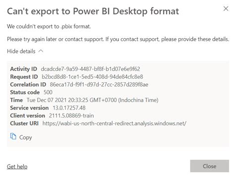i found this error can t export to power bi desk microsoft