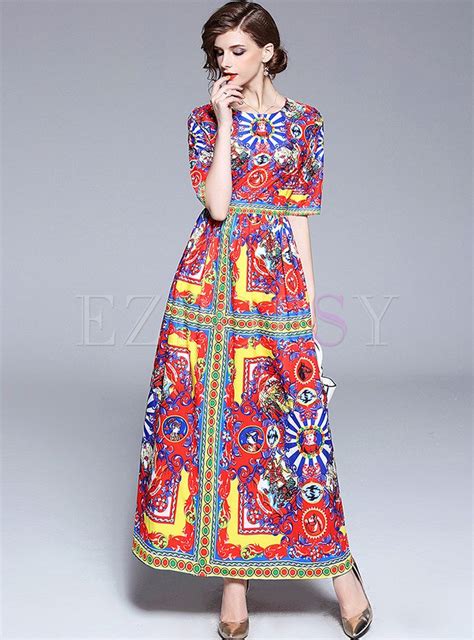 Vintage Floral Print Half Sleeve Maxi Dress Maxi Dress With Sleeves