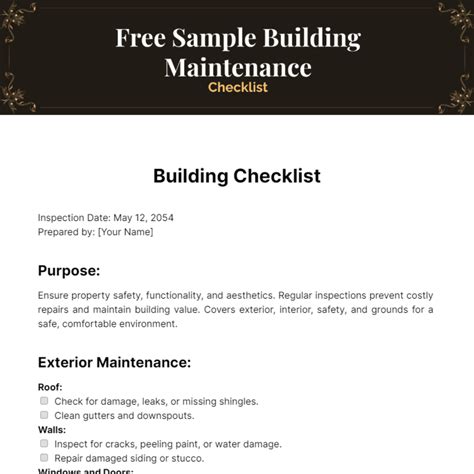 Free Sample Building Maintenance Checklist Template To Edit Online