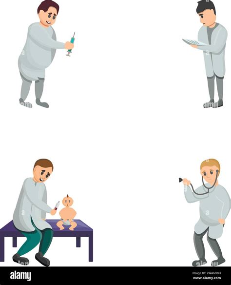 Pediatrics Icons Set Cartoon Vector Doctor Examining Little Patient