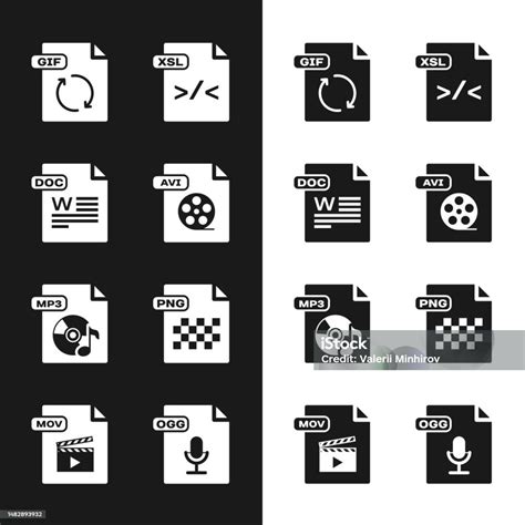 Avi 파일 문서 Doc  Xsl Mp3 Png Ogg 및 Mov 아이콘을 설정합니다 벡터 가득 찬에 대한 스톡 벡터 아트