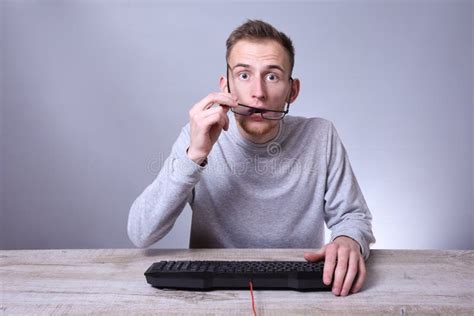 Funny Nerd Young Businessman Man Working On Computertyping On The