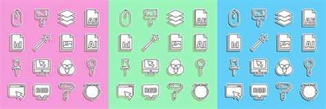 베지어 곡선 돋보기 Ai 파일 문서 레이어 매직 지팡이 Id 파일 컴퓨터 마우스 및 그림 풍경 아이콘으로 줄 원을 설정합니다 벡터 Cmyk에 대한 스톡 벡터 아트 및 기타