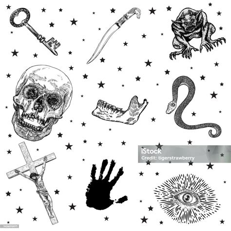 신비주의 종교와 악마 상징의 오컬트 세트 신비주의와 영적 신비주의 그림 프리메이슨과 비밀 사회 문신 디자인 연금술 요술 마술 고대 책 요소 벡터 0명에 대한 스톡 벡터 아트