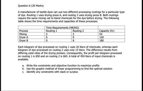 SOLVED Question 6 20 Marks A Manufacturer Of Textile Dyes Can Use Two