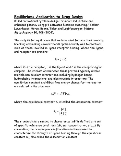 Δg0 Rtln K Example Equilibrium Application To Drug Design Based