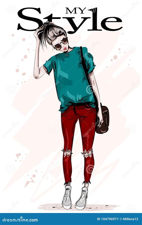 Hand Drawn Beautiful Young Woman In Fashion Clothes Stylish Blond Hair