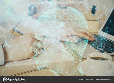 Man Typing Keyboard Background Brain Hologram Concept Big Data Double