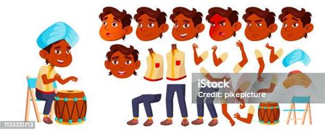 인도 소년 유치원 키드 벡터입니다 애니메이션 만들기 집합입니다 얼굴 감정 제스처 행복 소라 드럼 퍼포먼스 탁아 카드 광고 디자인에 대 한 애니메이션 만화