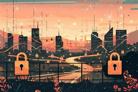 Sunset Cityscape With Digital Padlocks Merging Urban Life With Cybersecurity Concepts Premium