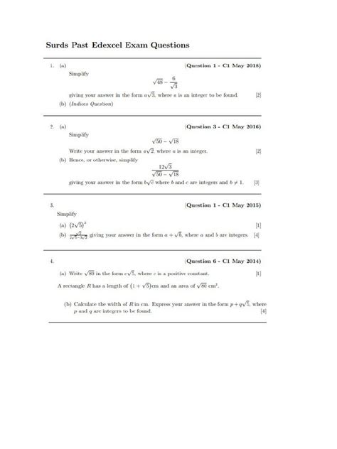 Surds Past Paper Questions Pdf